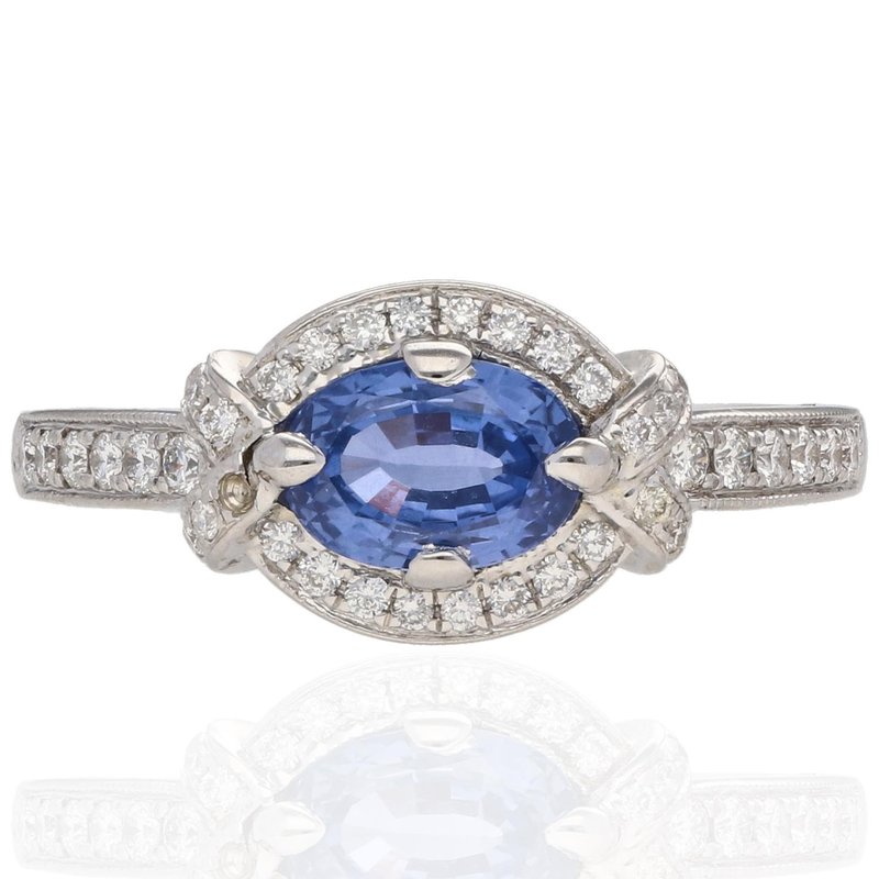 Iroff and Son Jewelers 14K White East West Oval 1.13ct Sapphire Diamond Halo Vintage Style Ring 050329 Iroff Son Jewelers