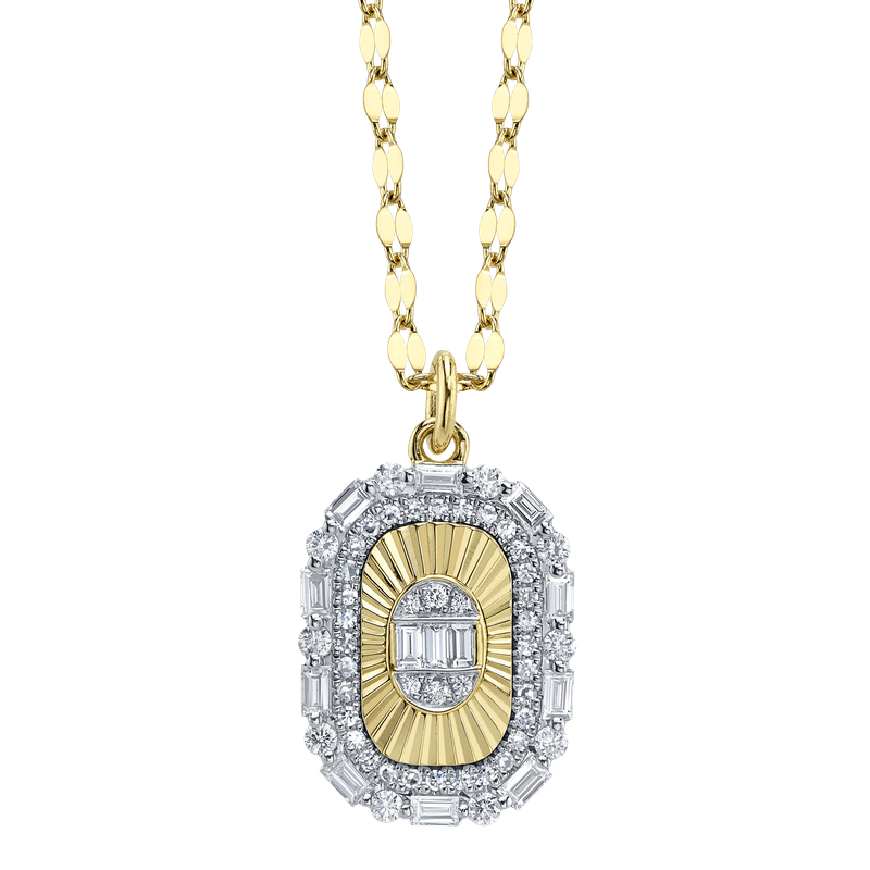 14K Yellow Gold Fluted Oval Pendant with Baguette and Round Diamonds ...