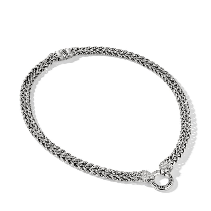 Double Wheat Chain Necklace in Sterling Silver with Pavé Diamonds ...