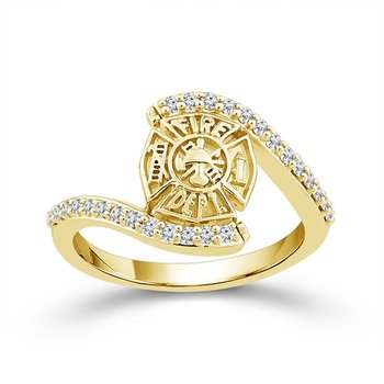 Two Hearts One Badge Fire Fighter Ring - White Gold with 1/5ctw Genuine ...