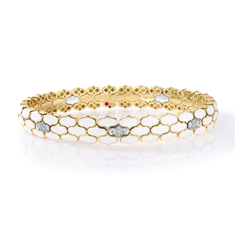 Roberto Coin 18K YELLOW GOLD COBRA WHITE ENAMEL AND DIAMOND FLEX BANGLE ...