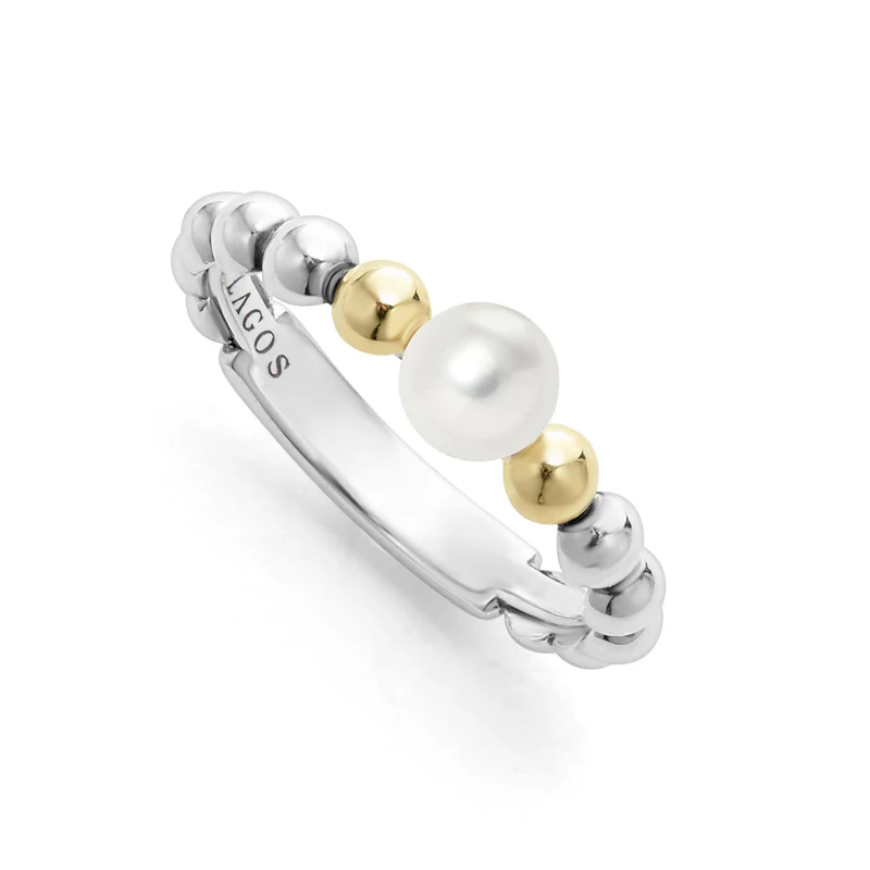 LAGOS STERLING SILVER AND 18K YELLOW GOLD 5MM LUNA PEARL STACK RING 006 ...