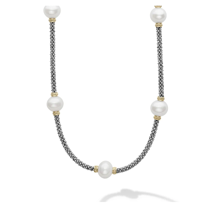 LAGOS STERLING SILVER AND 18K YELLOW GOLD LUNA PEARL STATION NECKLACE ...