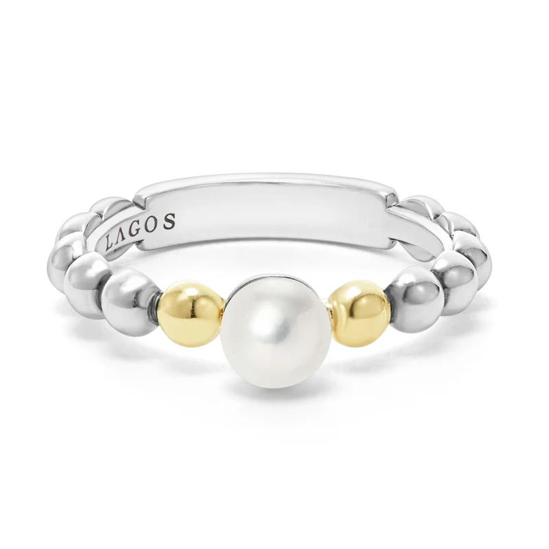 LAGOS STERLING SILVER AND 18K YELLOW GOLD 5MM LUNA PEARL STACK RING 006 ...