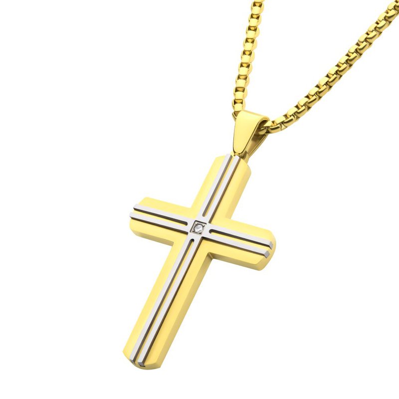 Cline 18K and Stainless Steel Thin Line Layered Cross Pendant 780-230 ...